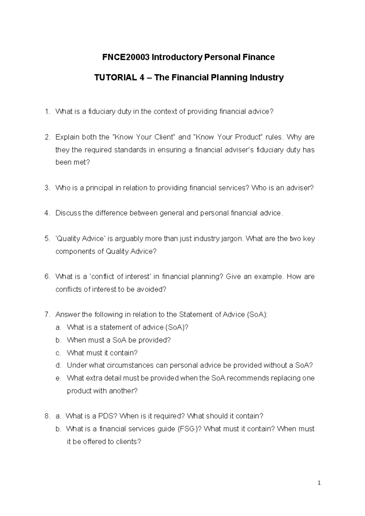 FNCE2000 Tutorial 4: Understanding the Financial Planning Industry ...