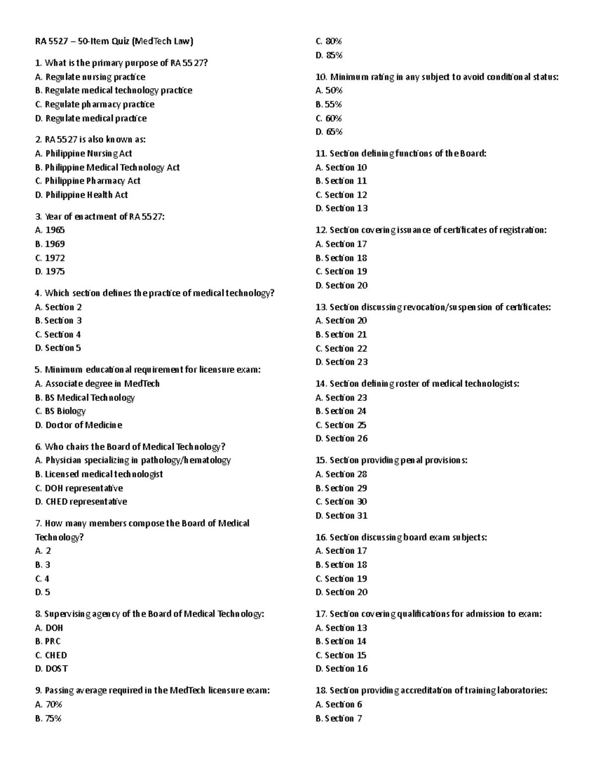 RA 5527 Quiz - Medical Technology Law Practice Questions - Studocu