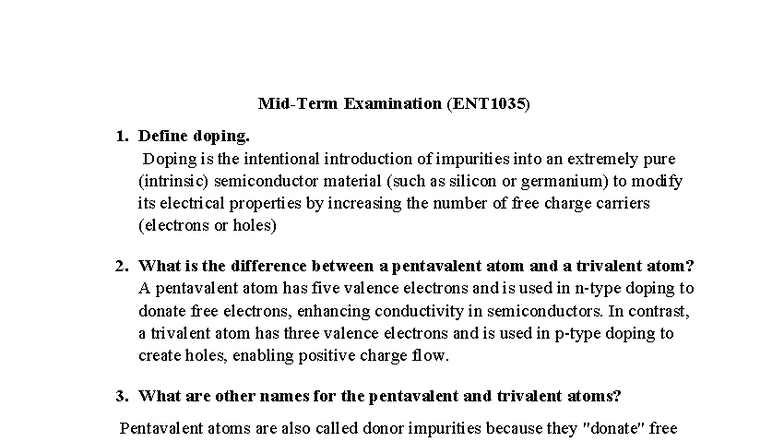 ENT1035 Mid Exam: Semiconductor Doping & Diode Behavior - Studocu