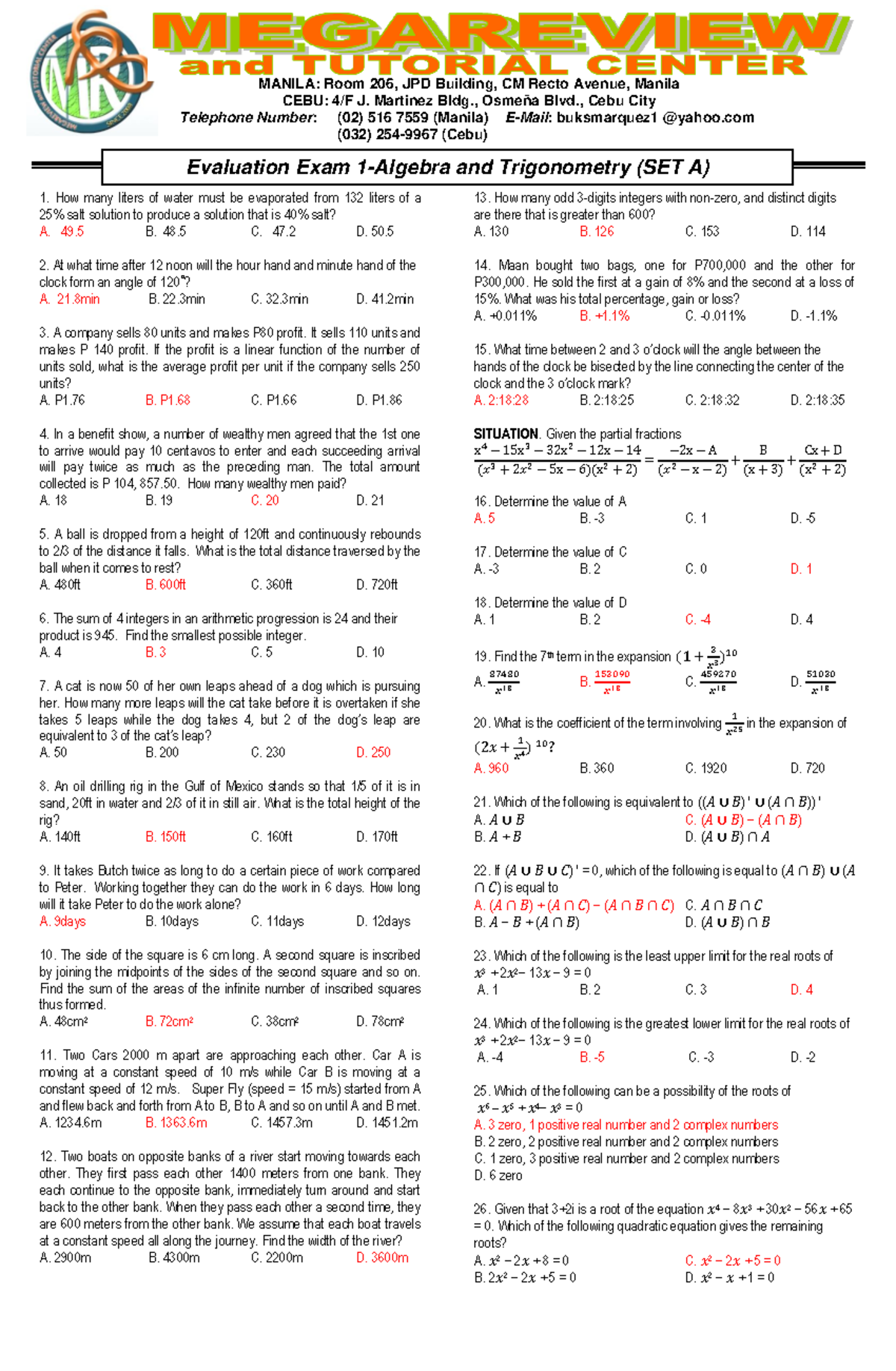 Mega Review - Evaluation Exam - Algebra and Trigonometry - MANILA: Room ...