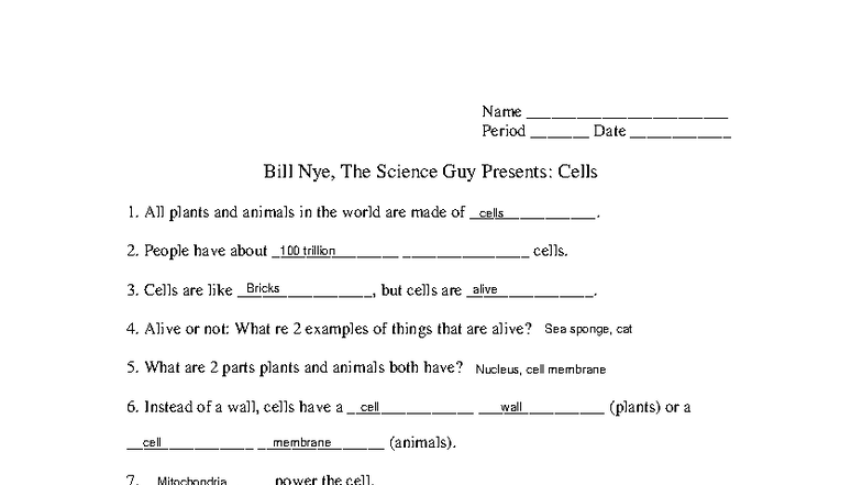 Bill Nye, The Science Guy: Cells Video Questions - Studocu