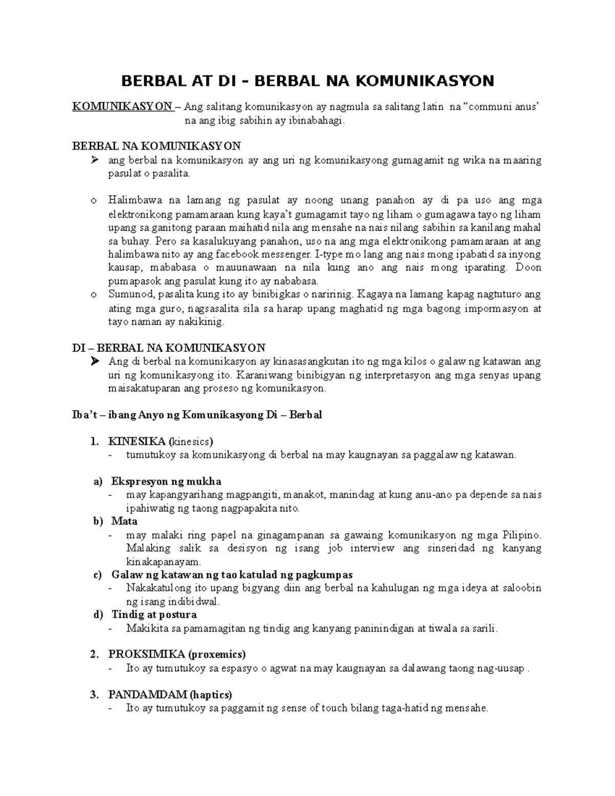 Pamantayang Talakayan sa Berbal at Di-Berbal na Komunikasyon - BSE-MAT ...