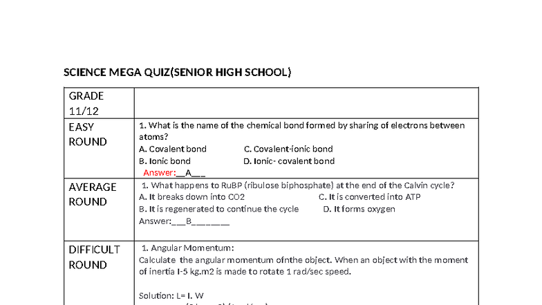 SCIENCE MEGA QUIZ (SHS) - EASY, AVERAGE & DIFFICULT ROUNDS - Studocu