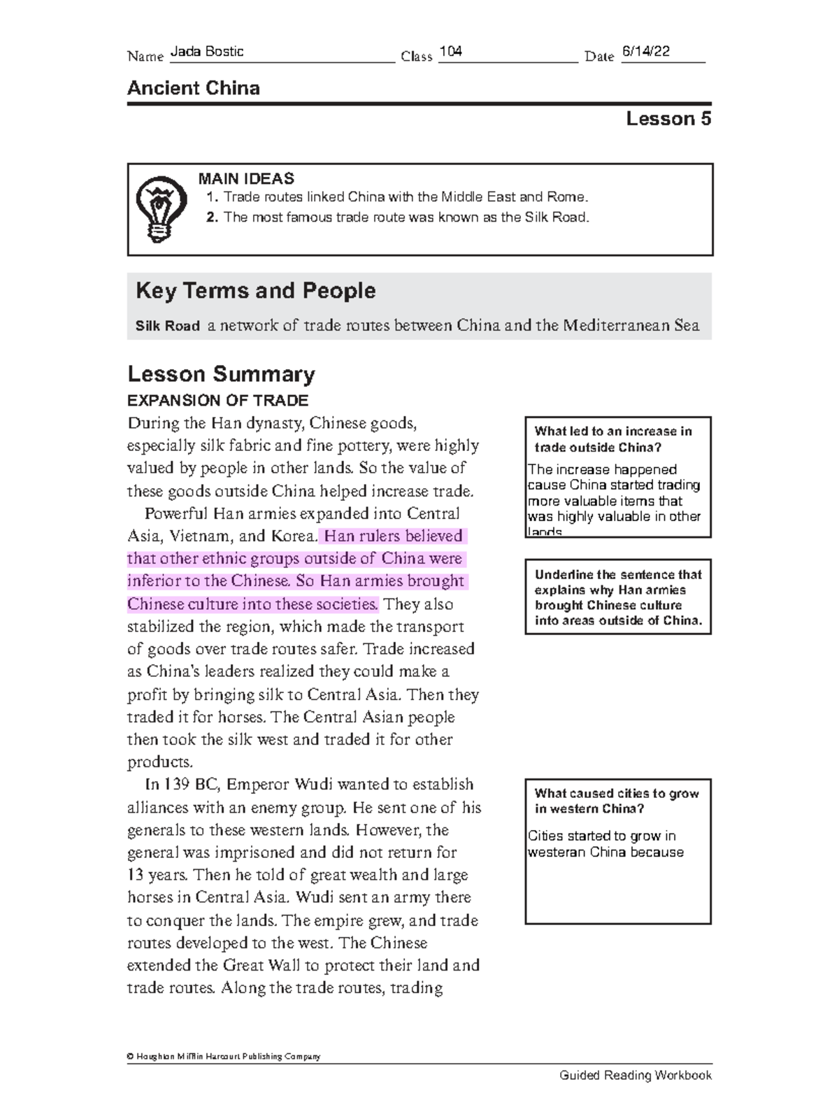 GRW M06L05 - Ancient China Lesson 5: Trade and the Silk Road Insights ...