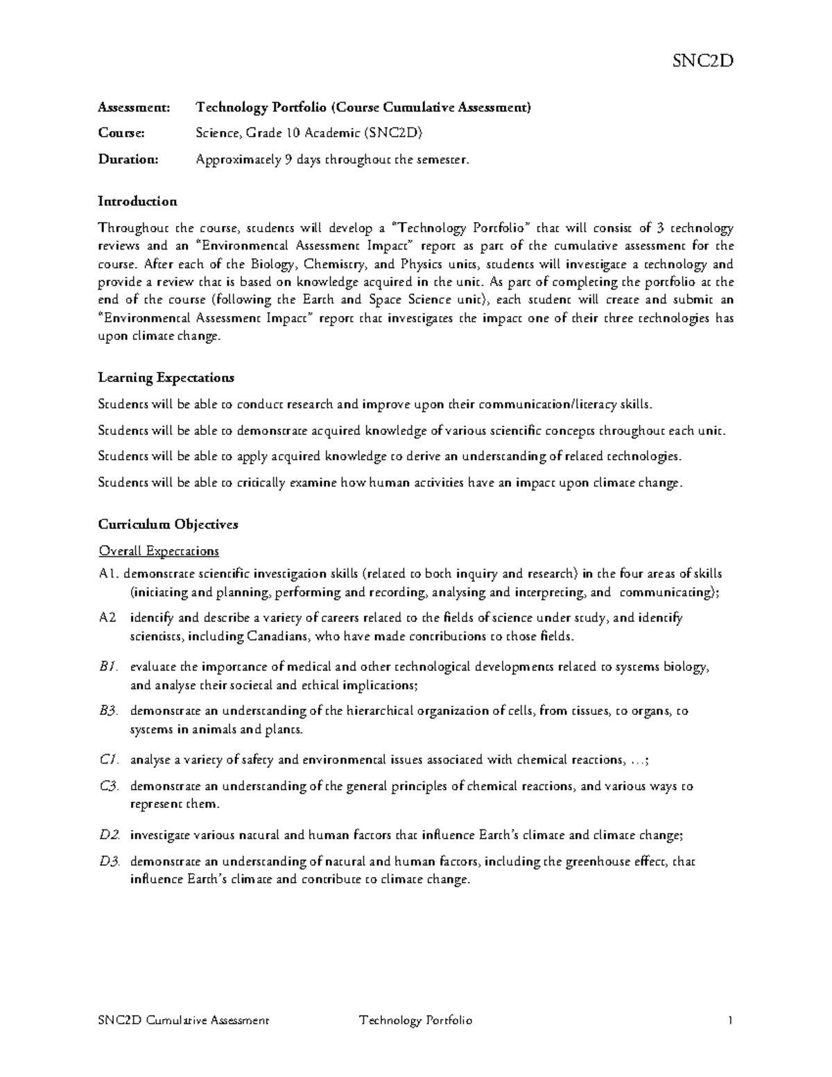 SNC2D Cumulative Assessment: Technology Portfolio Overview - Studocu