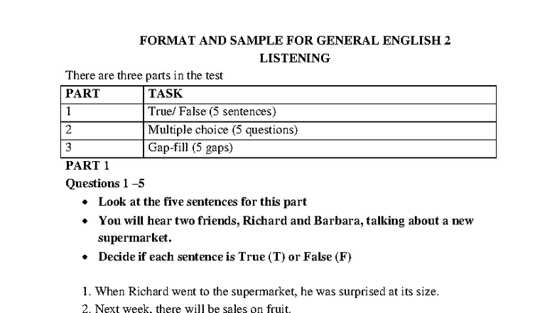 General English 2 Listening Test Format & Sample - Studocu