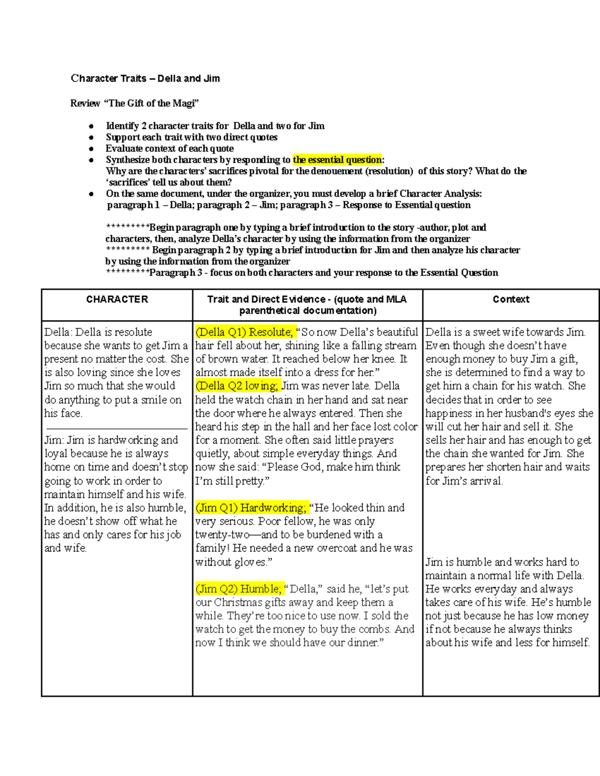 Character Traits-"The Gift of the Magi" - Character Traits – Della and ...