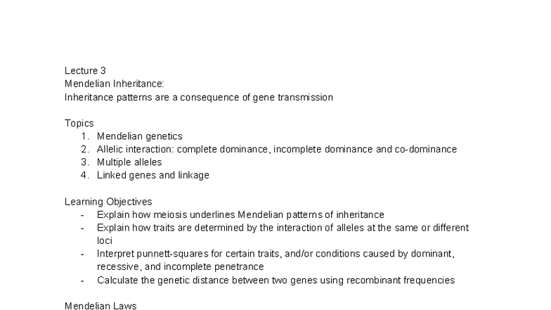 Genetics Lecture 3: Mendelian Inheritance & Gene Linkage - Studocu
