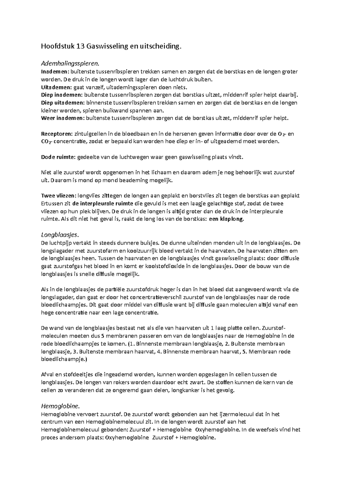 Bio Samenvatting H13: Gaswisseling en Uitscheiding in Leven systemen ...