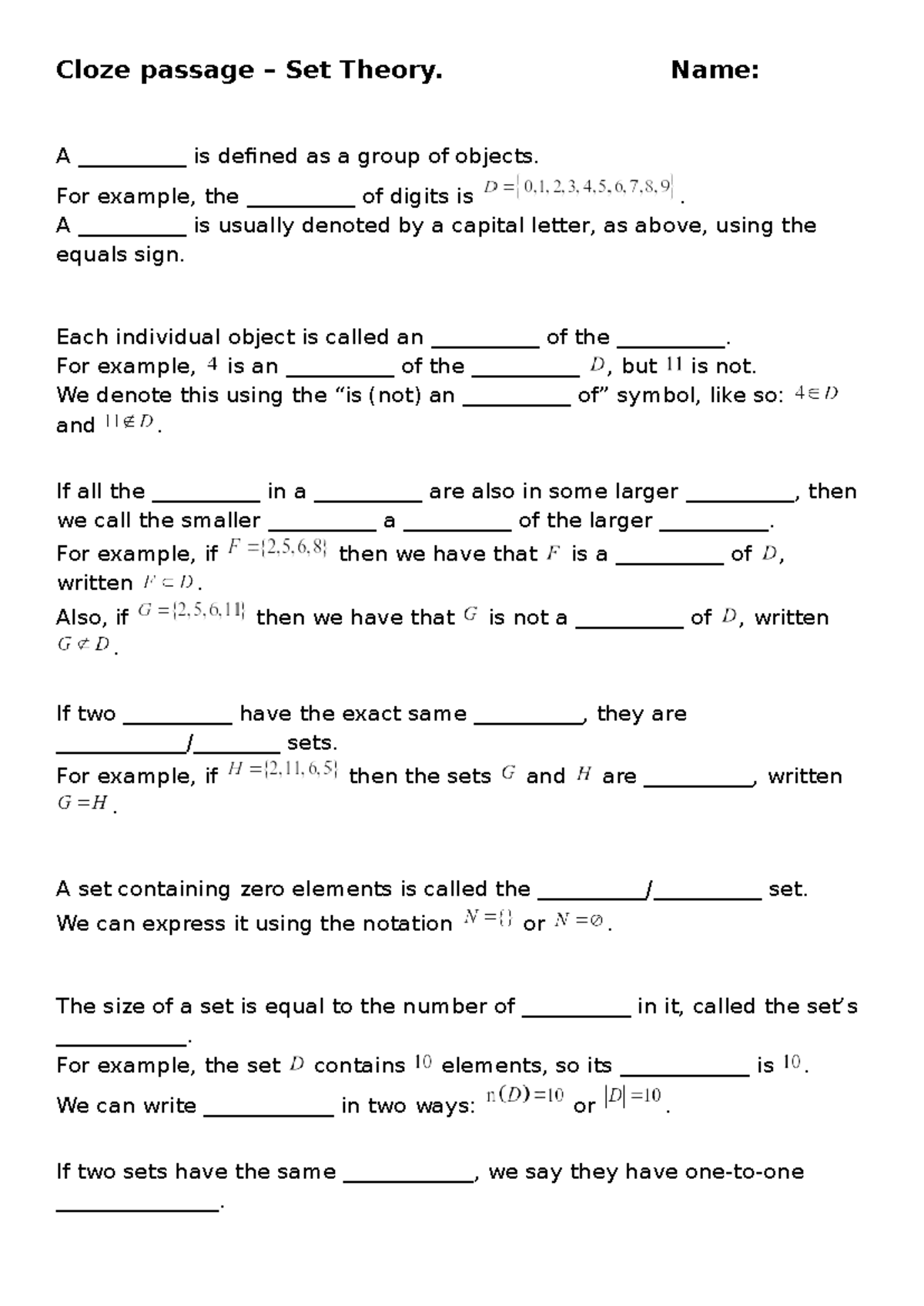 Cloze Passage - Set Theory Overview (Printout) - Studocu