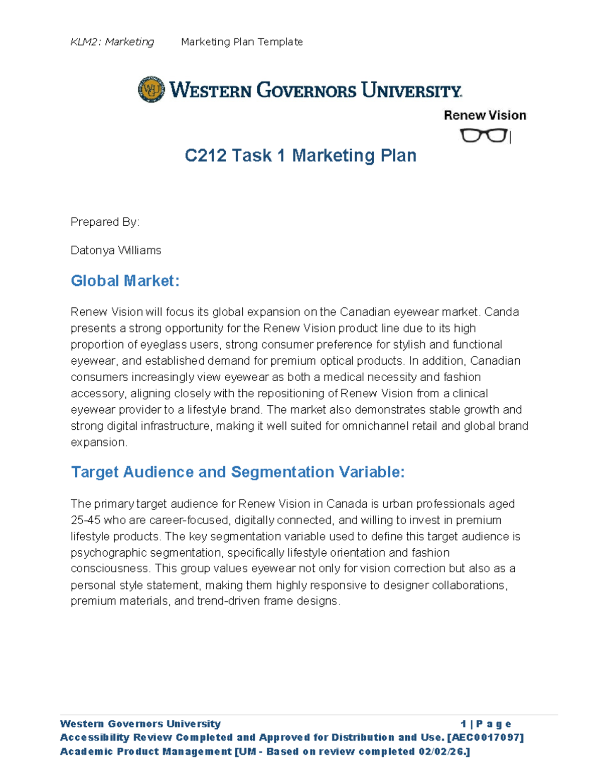 KLM2: C212 Marketing Plan for Renew Vision's Canadian Expansion - Studocu