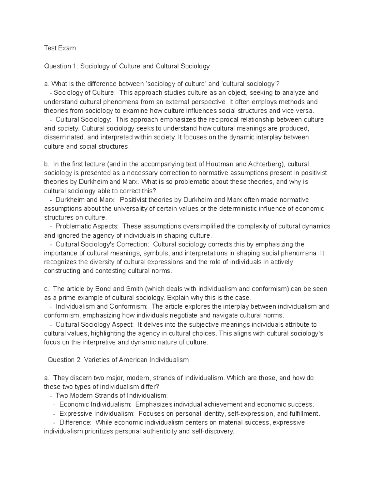Test Exam 2 - Sociology: Culture, Individualism & Capital Insights ...