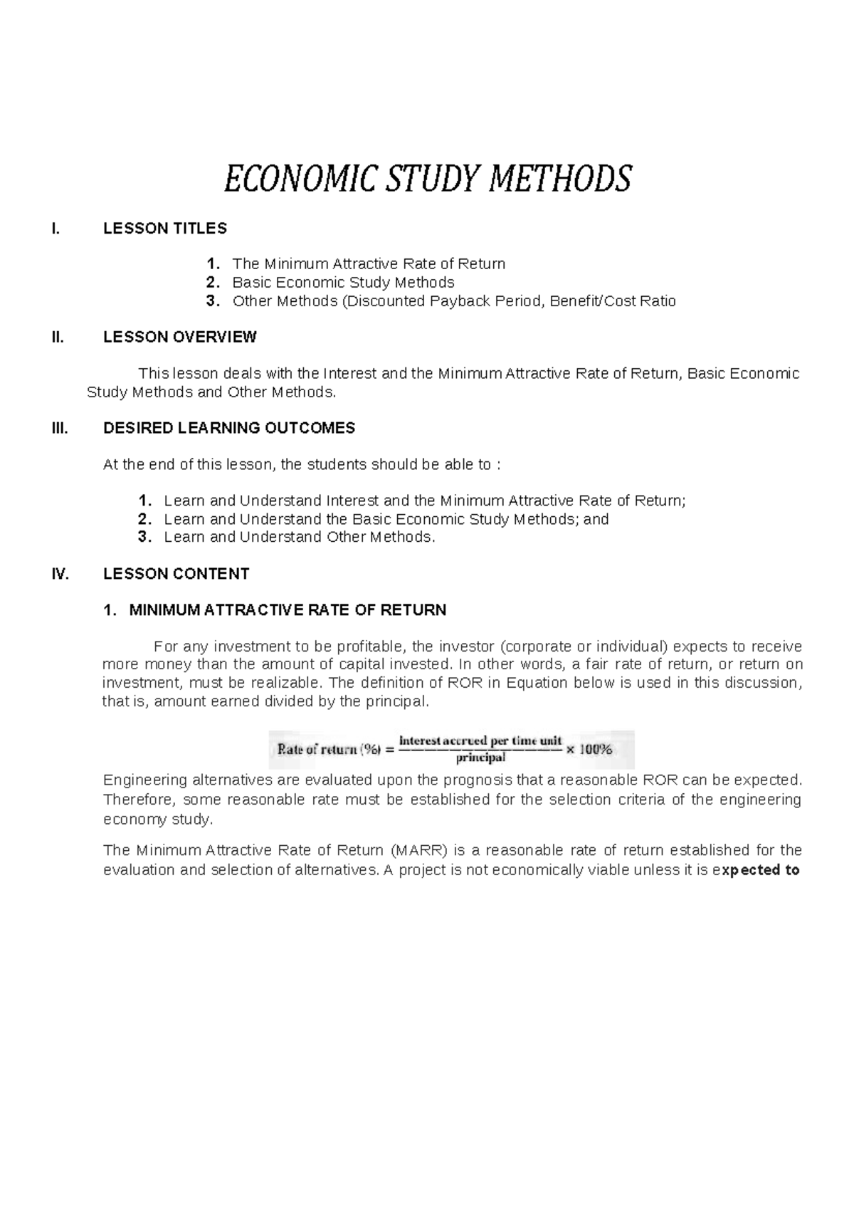 ECON 101: Lesson on Economic Study Methods & Minimum Attractive Rate - Studocu
