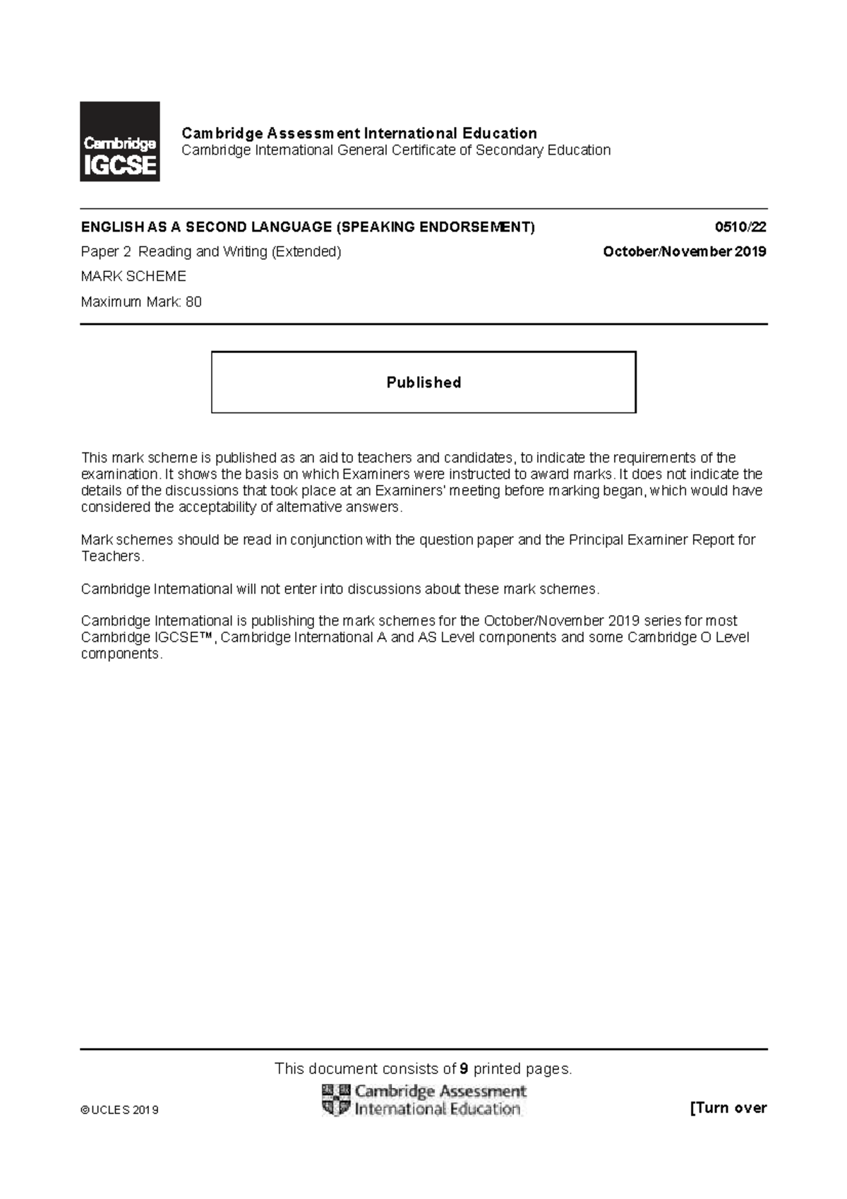 Cambridge IGCSE 0510 English as a Second Language 2019 Mark Scheme ...