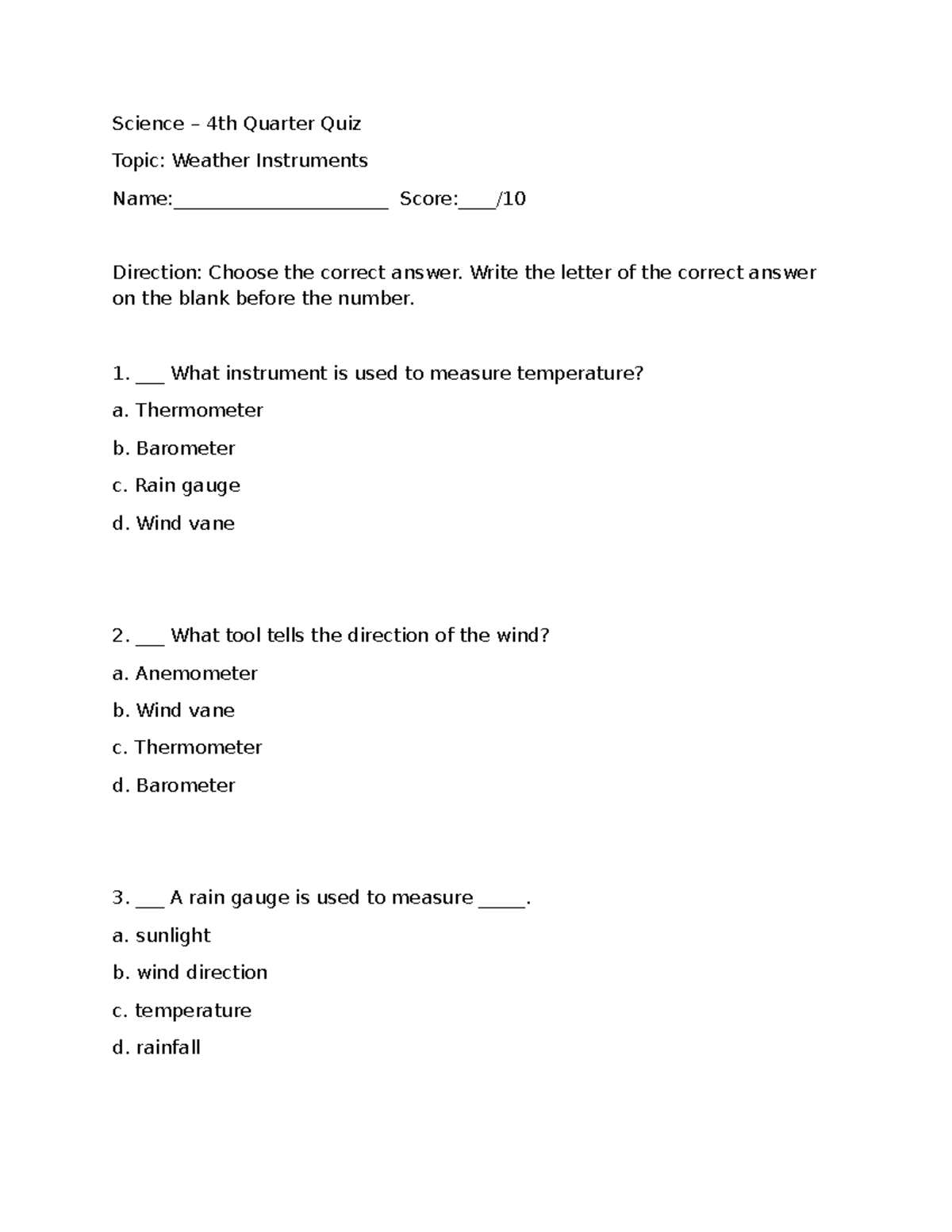 Science test - Science – 4th Quarter Quiz Topic: Weather Instruments ...