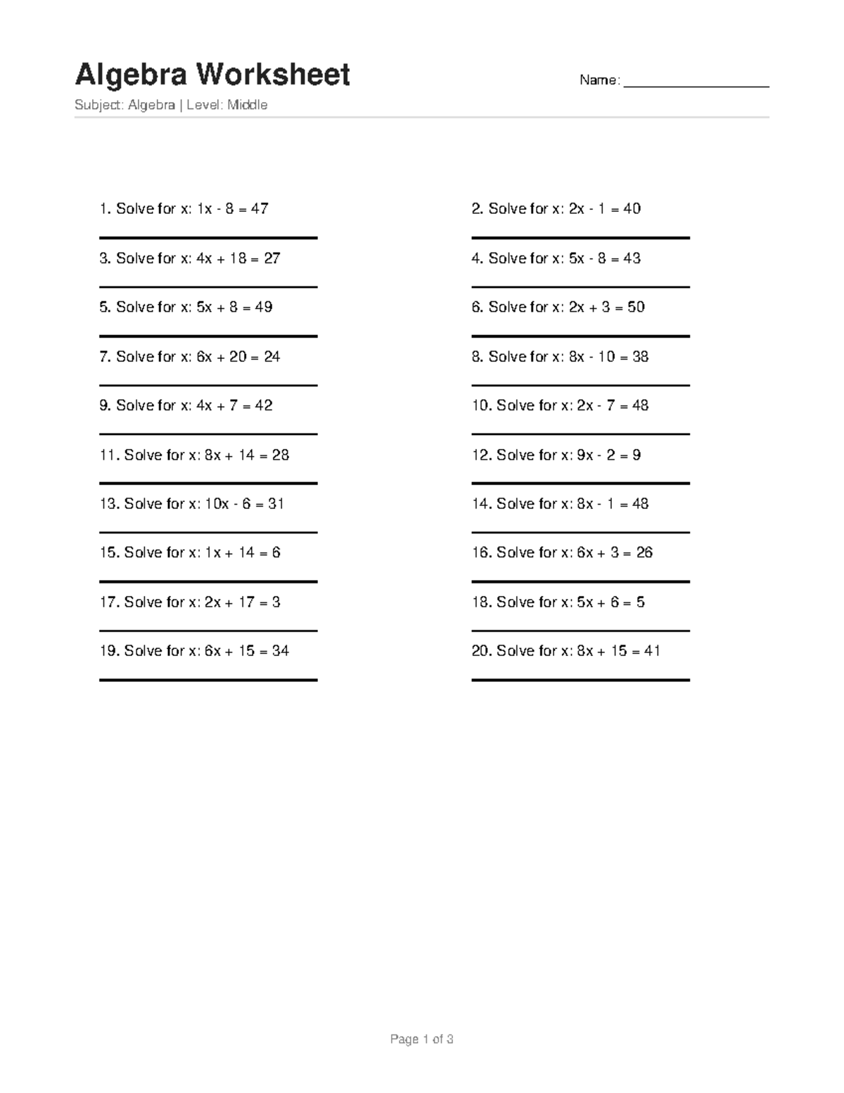 Algebra Worksheet (Middle Level) - Problem Set & Answer Key - Studocu