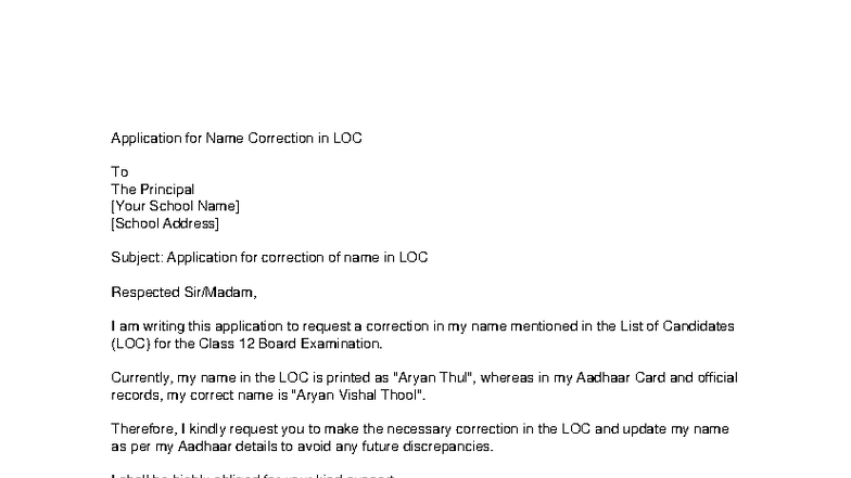 Application for Name Correction in LOC - Class 12 - Studocu