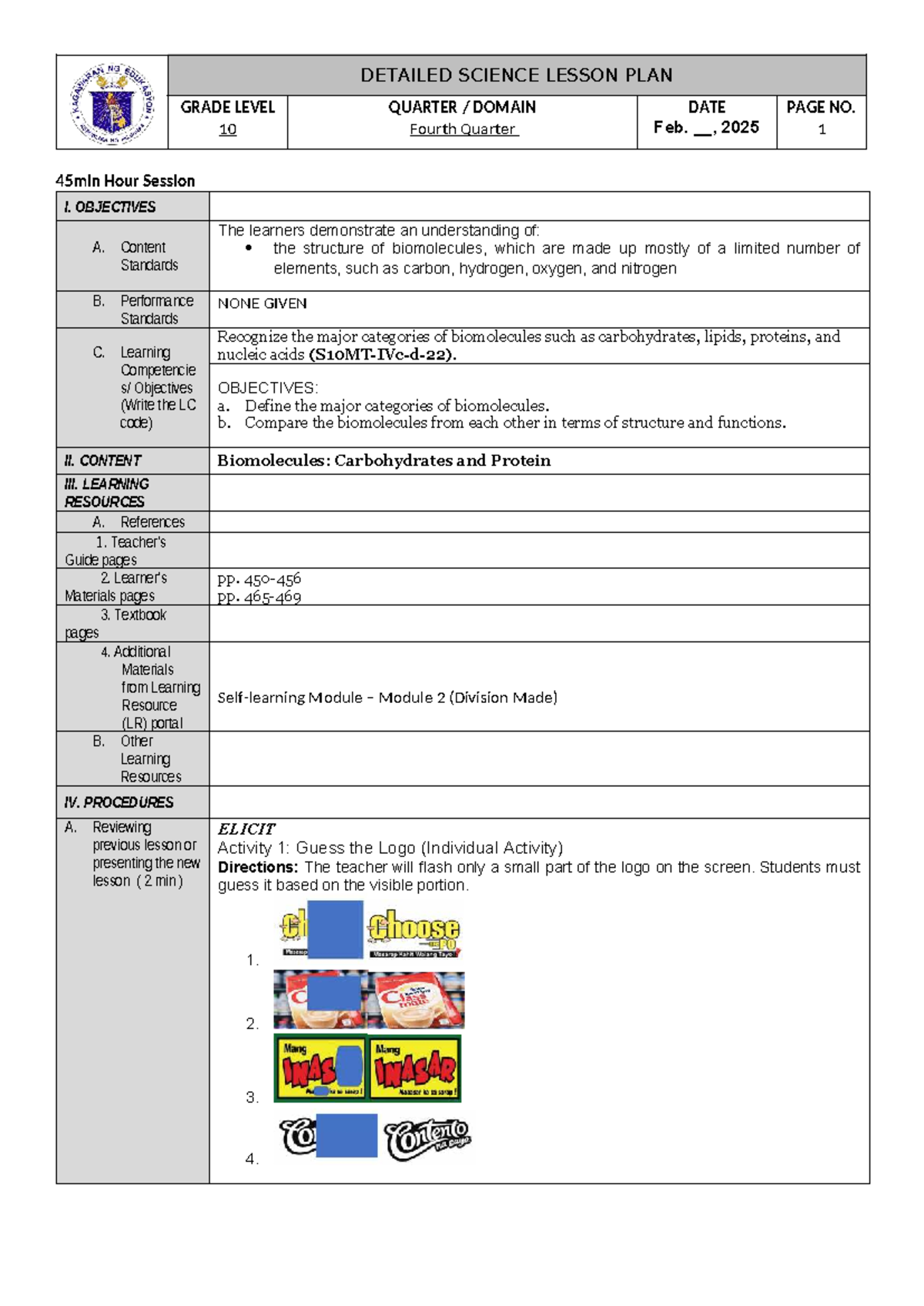Grade 10 Science Lesson Plan: Biomolecules (Carbohydrates & Proteins ...
