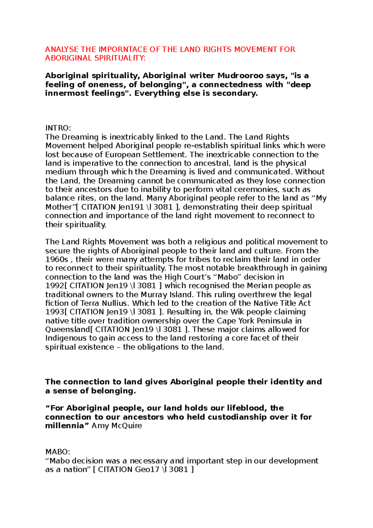 Analyse the importance of the Land Rights movement for Aboriginal ...