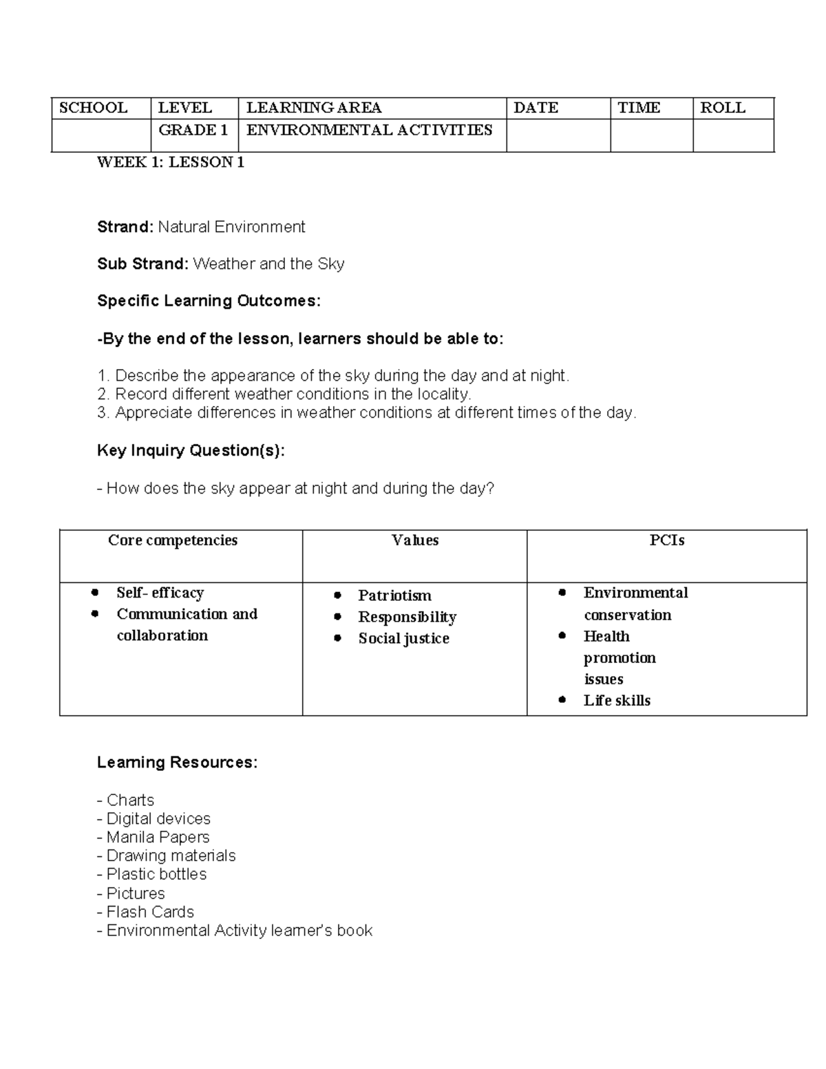 Grade 1 Environmental Activities: Week 1 & 2 Lesson Plans - Studocu