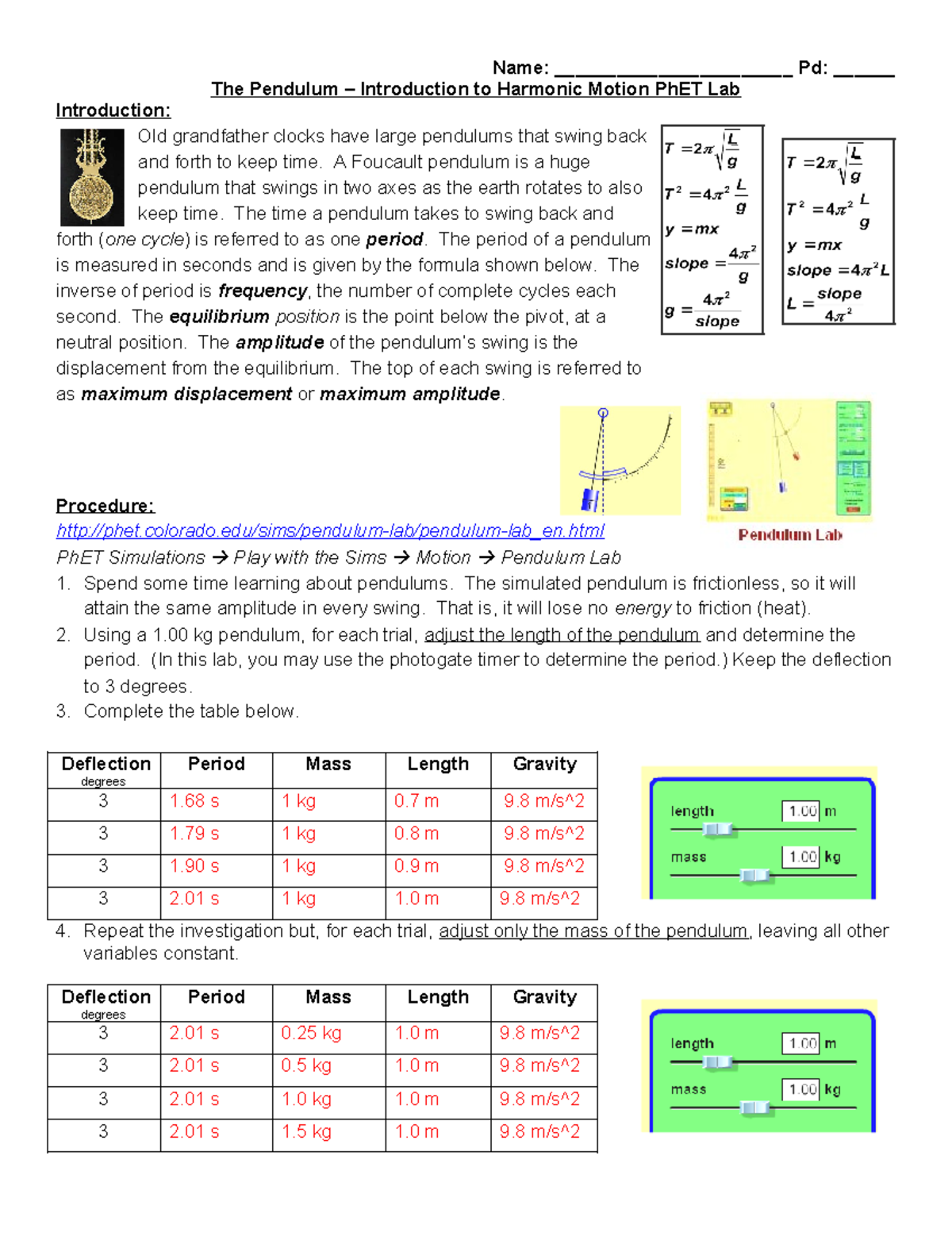 Pendulum Lab: Exploring Harmonic Motion with PhET Simulation 2023 - Studocu