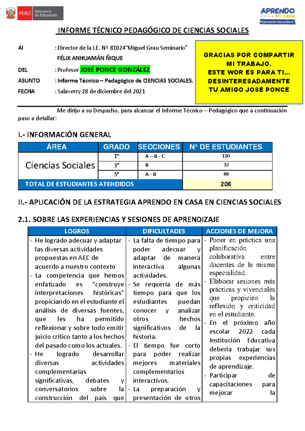 Informe Técnico Pedagógico DE Ciencias Sociales - INFORME T.. PEDAG”GICO DE CIENCIAS SOCIALES Al ...