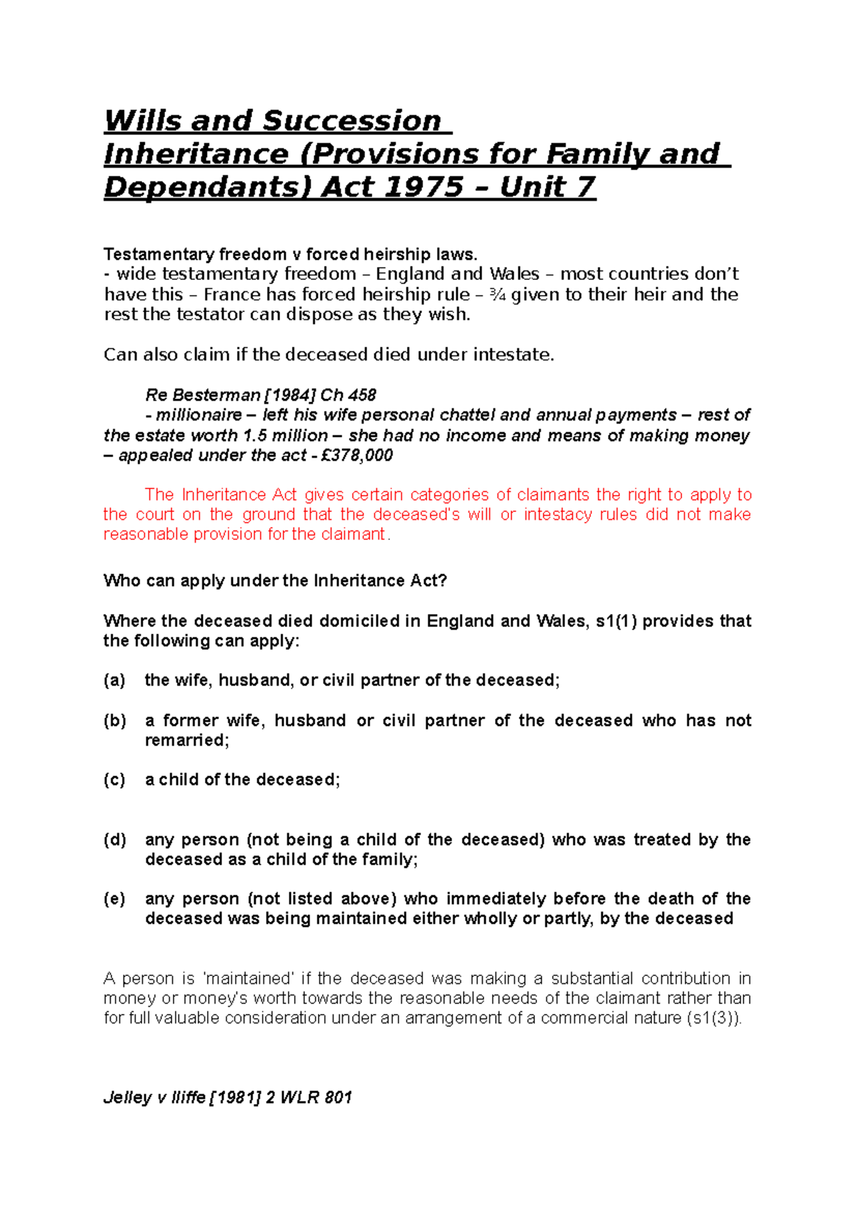 Unit 7: Wills and Succession - Inheritance Act 1975 Analysis - Studocu
