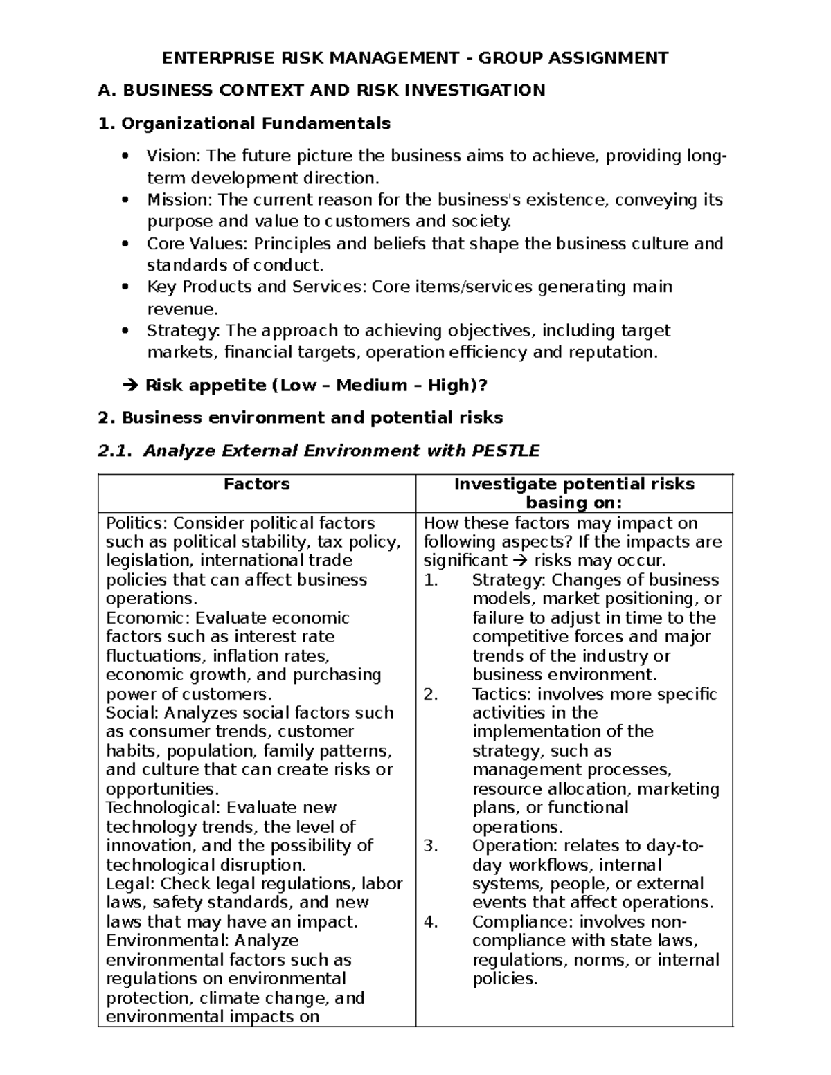 ENTR 301: Group Assignment on Enterprise Risk Management Analysis - Studocu
