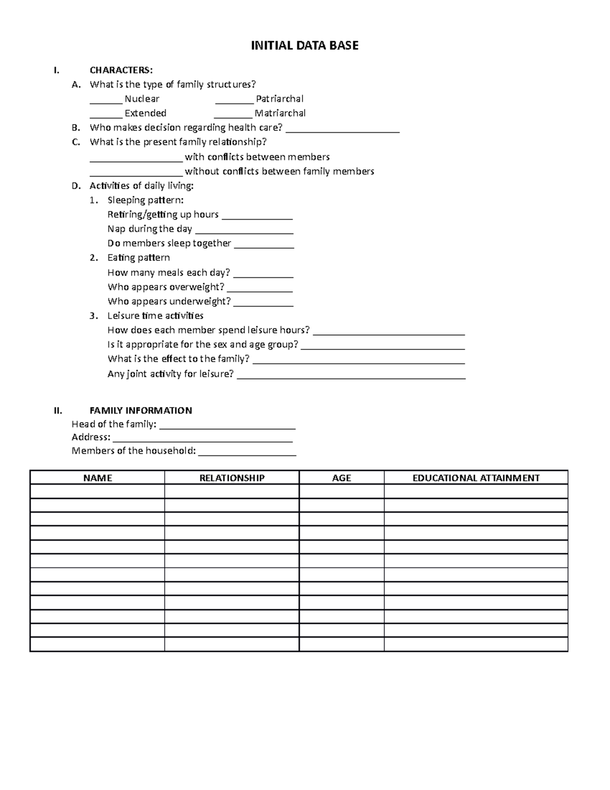 Initial DATA BASE 1 - Community Health Nursing Survey Form - Studocu