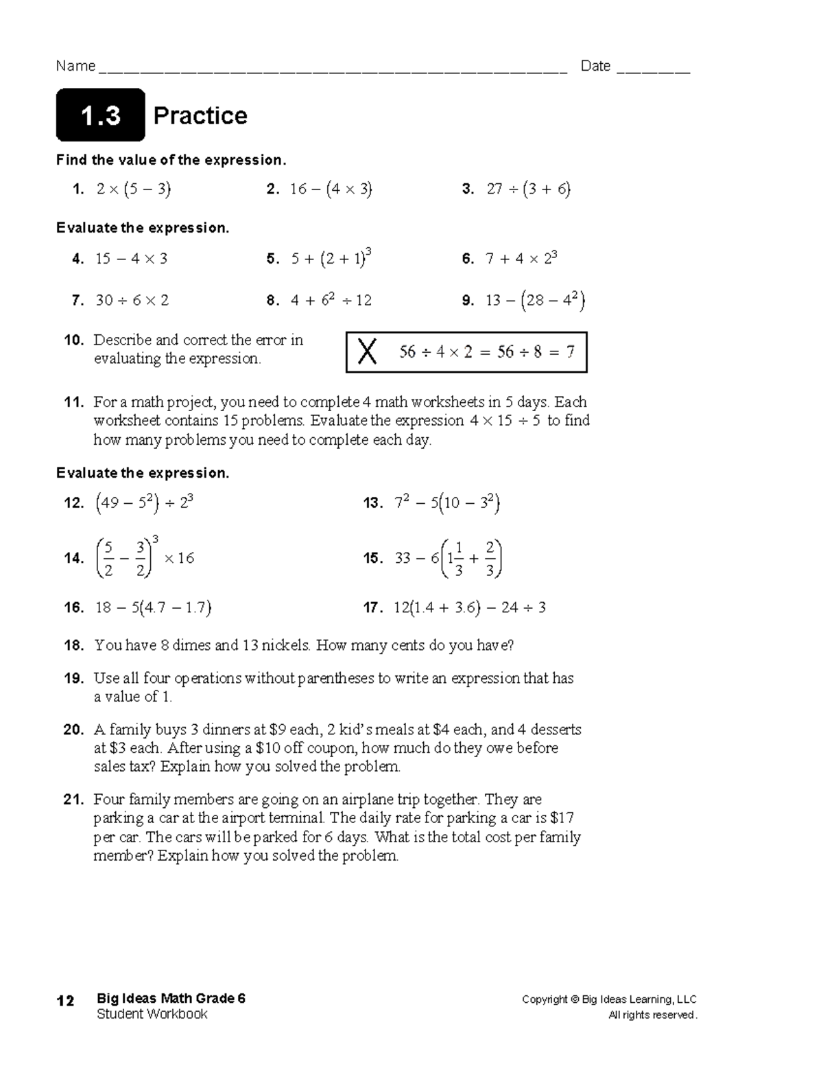 Alexis Xiong - 1.3 Worksheet - Big Ideas Math Grade 6 Copyright © Big ...