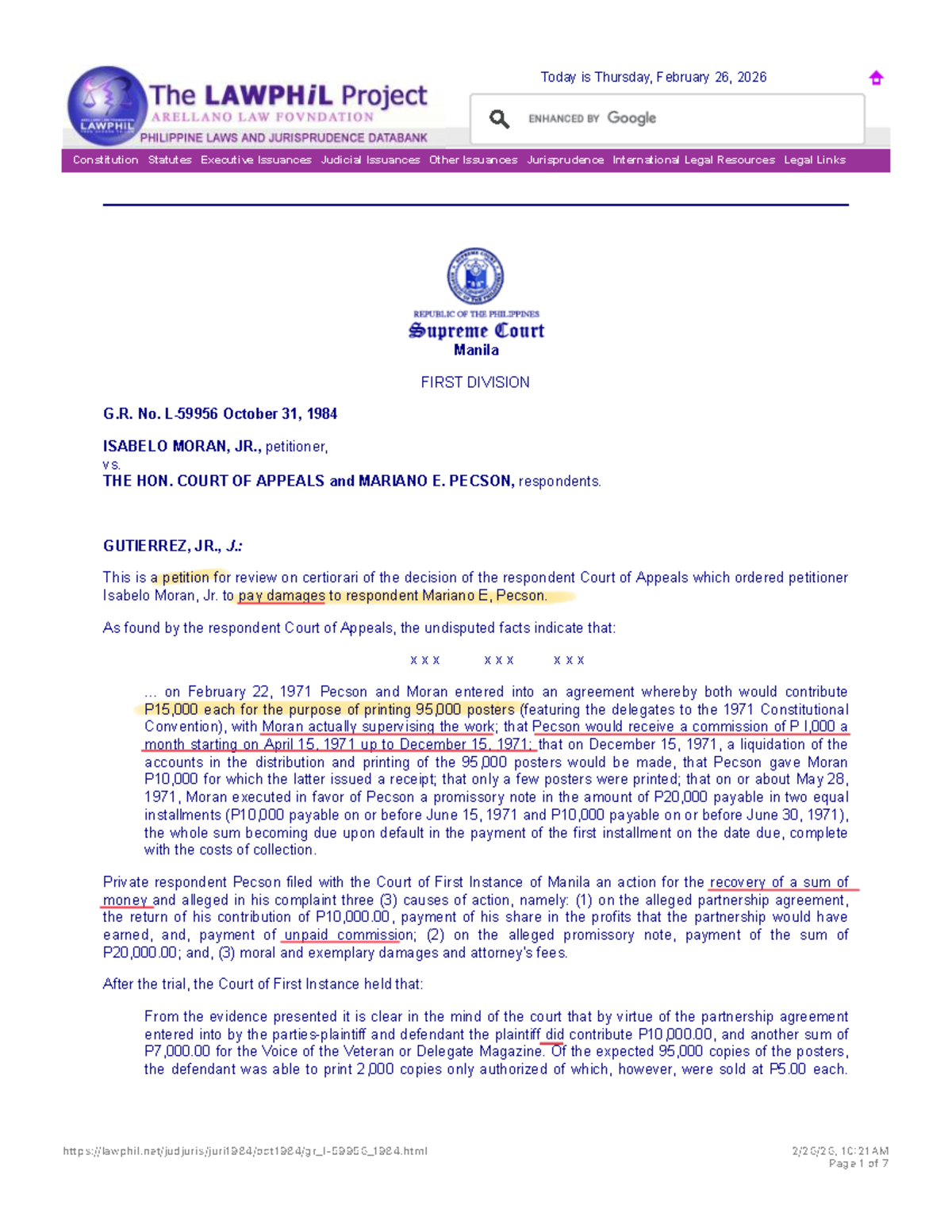 G.R. No. L-59956 - Case Study on Partnership Dispute: Moran vs. Pecson ...