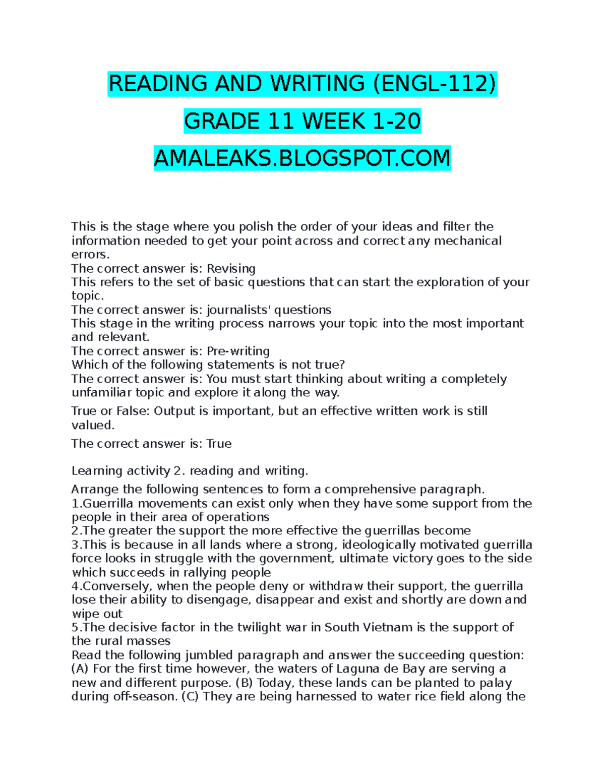 Amaleaks READING & WRITING ENGL-112 Answer Key: Weeks 1-20 for Grade 11 ...