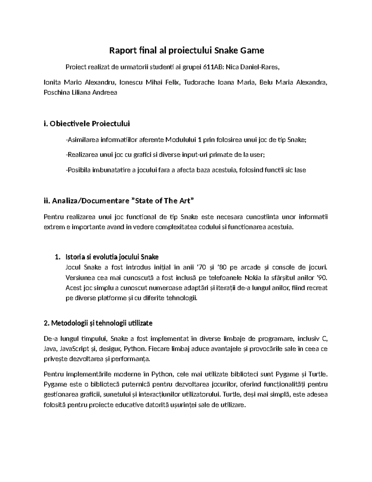 Raport final proiect Snake Game - Grupa 611AB - Python & Pygame - Studocu