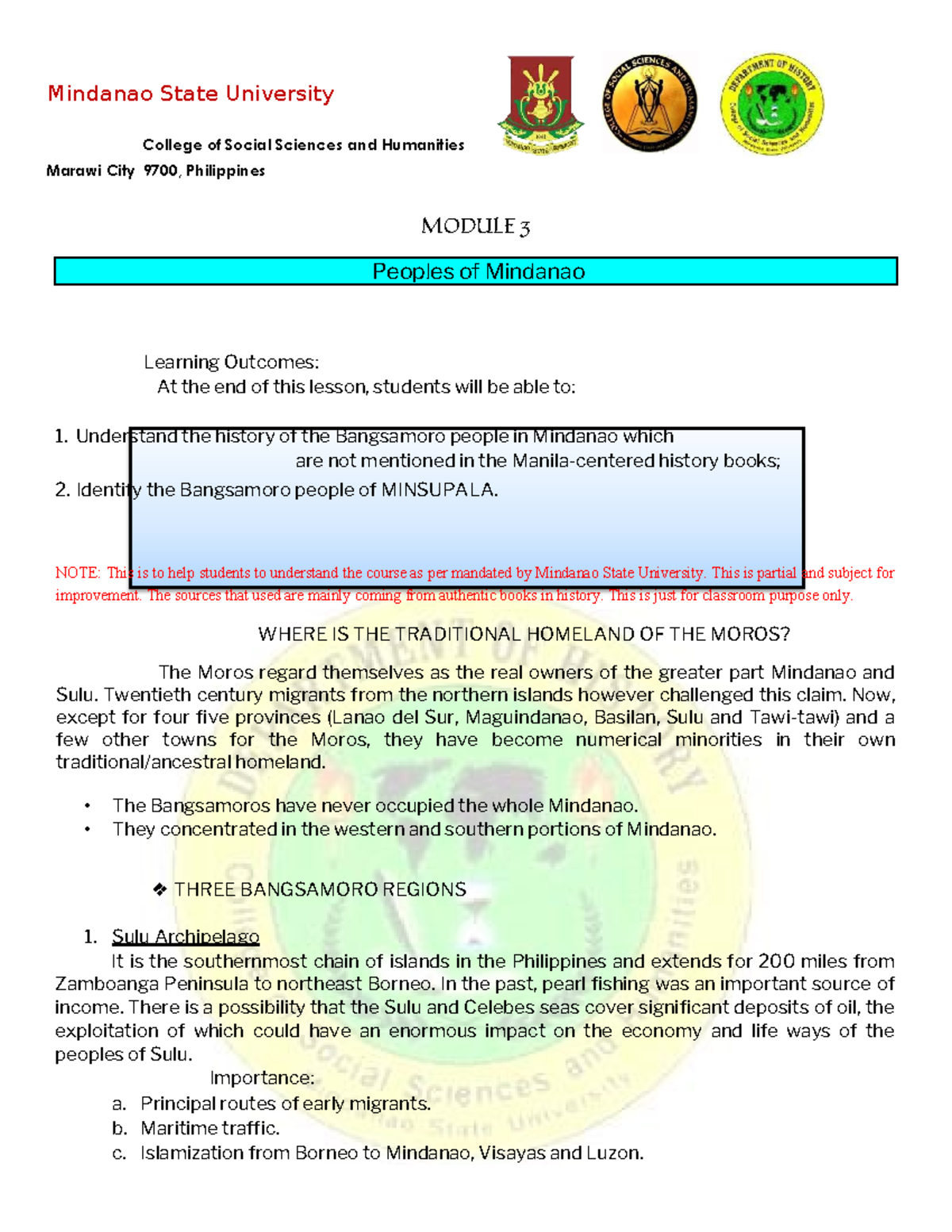 Bangsamoro Peoples of Mindanao: Module 3 Overview - Studocu