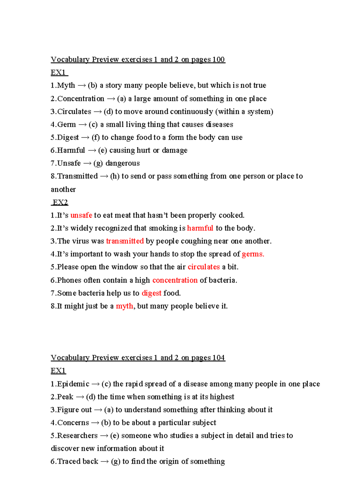 Vocabulary Preview Exercises for Unit 6 (Pages 100 & 104) - Studocu