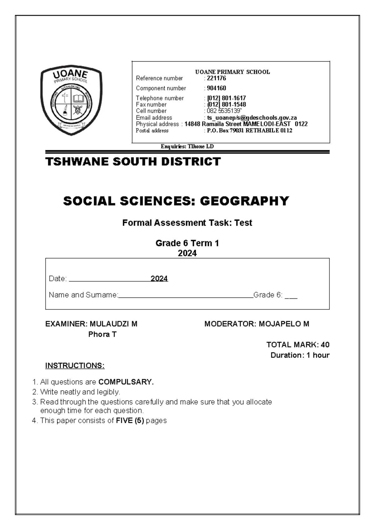 Grade 12 (Task 2) 2024: Tourism Skills Assessment Itinerary & Budget ...