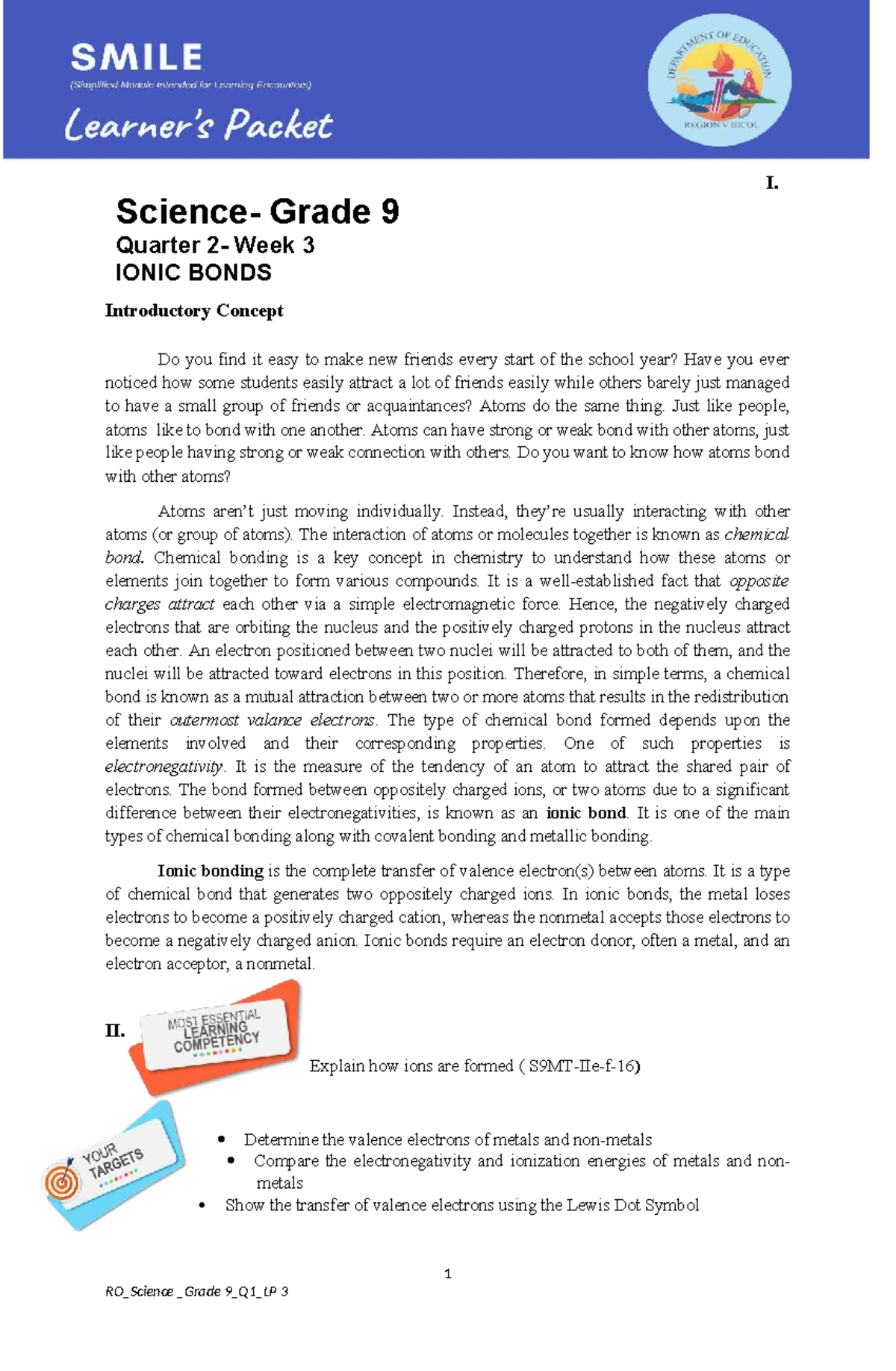Science 9 Q2 W3: Understanding Ionic Bonds and Chemical Bonding - Studocu
