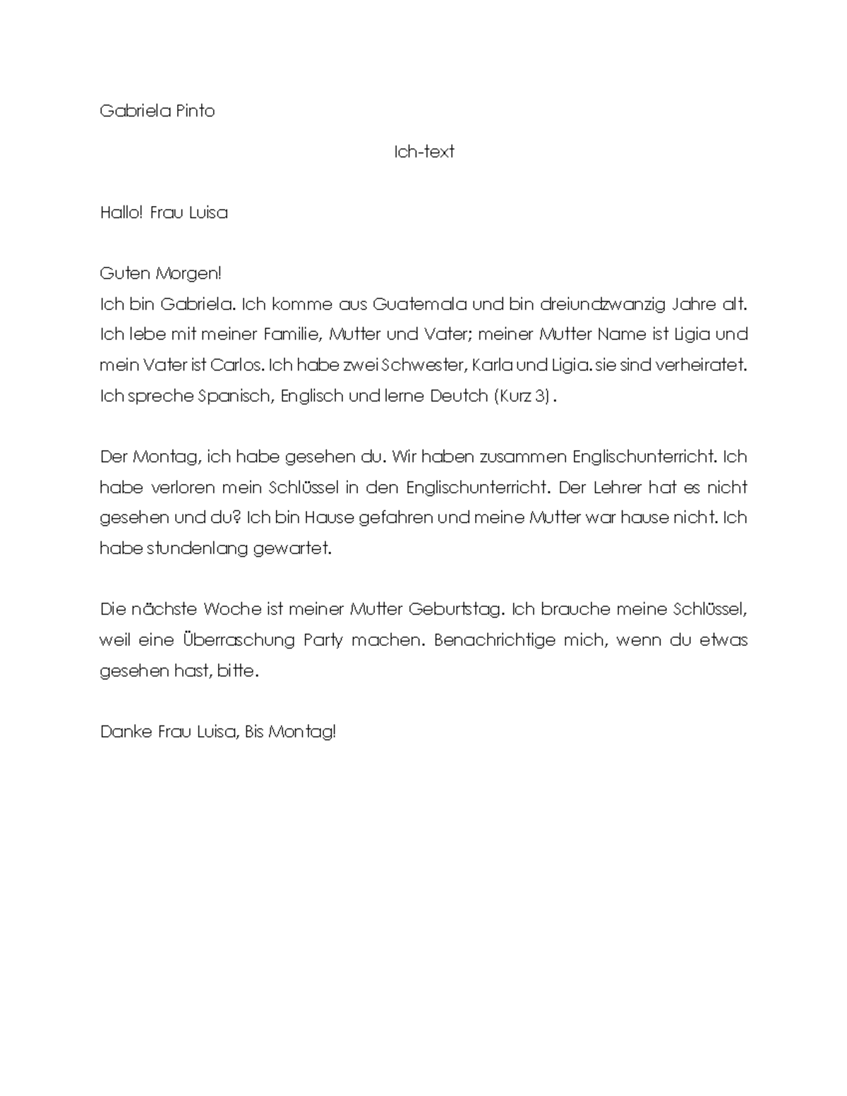 Ich-text - Persönliche Vorstellung und Schlüsselverlust - Studocu