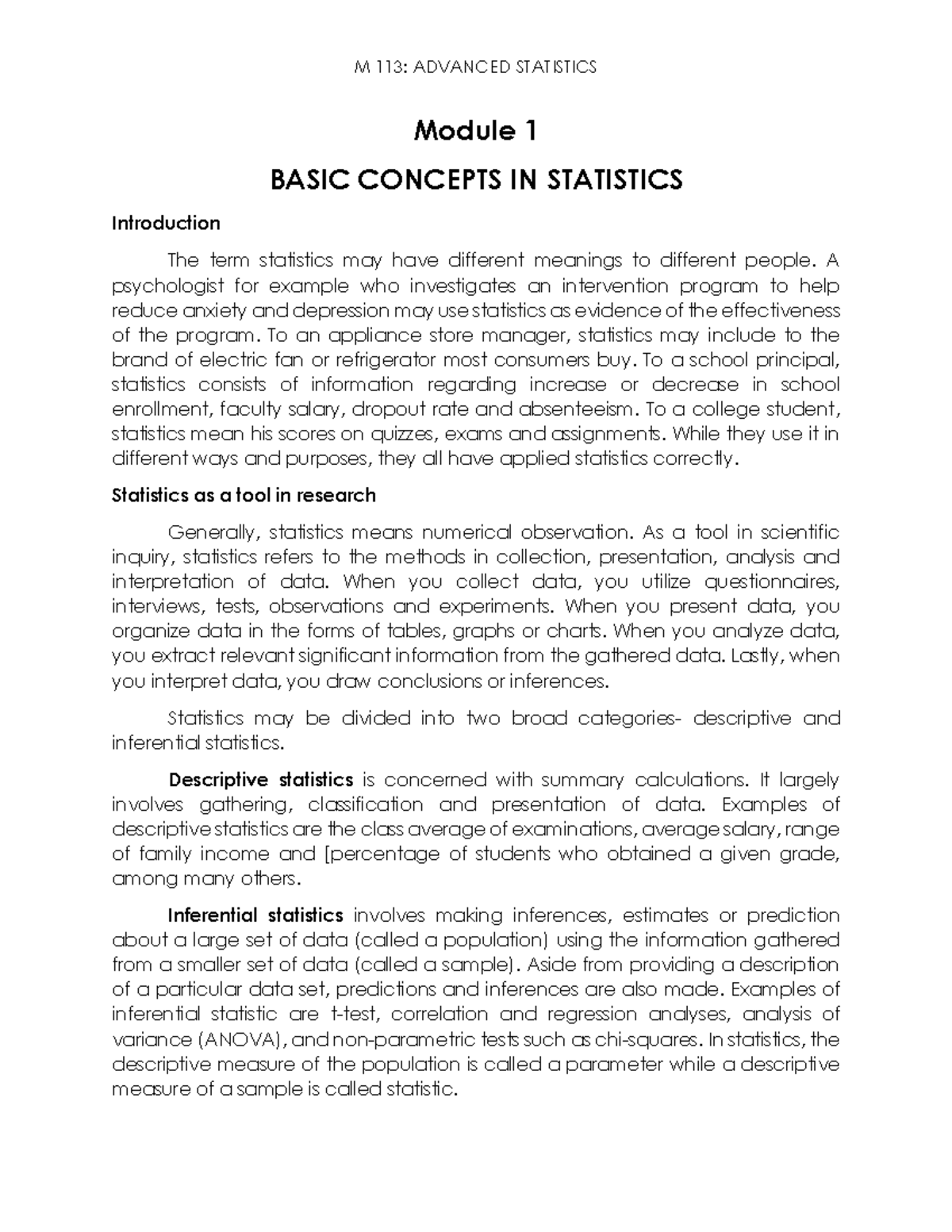 Module 1 - Intro to Advanced Statistics and Research Methodology - Studocu