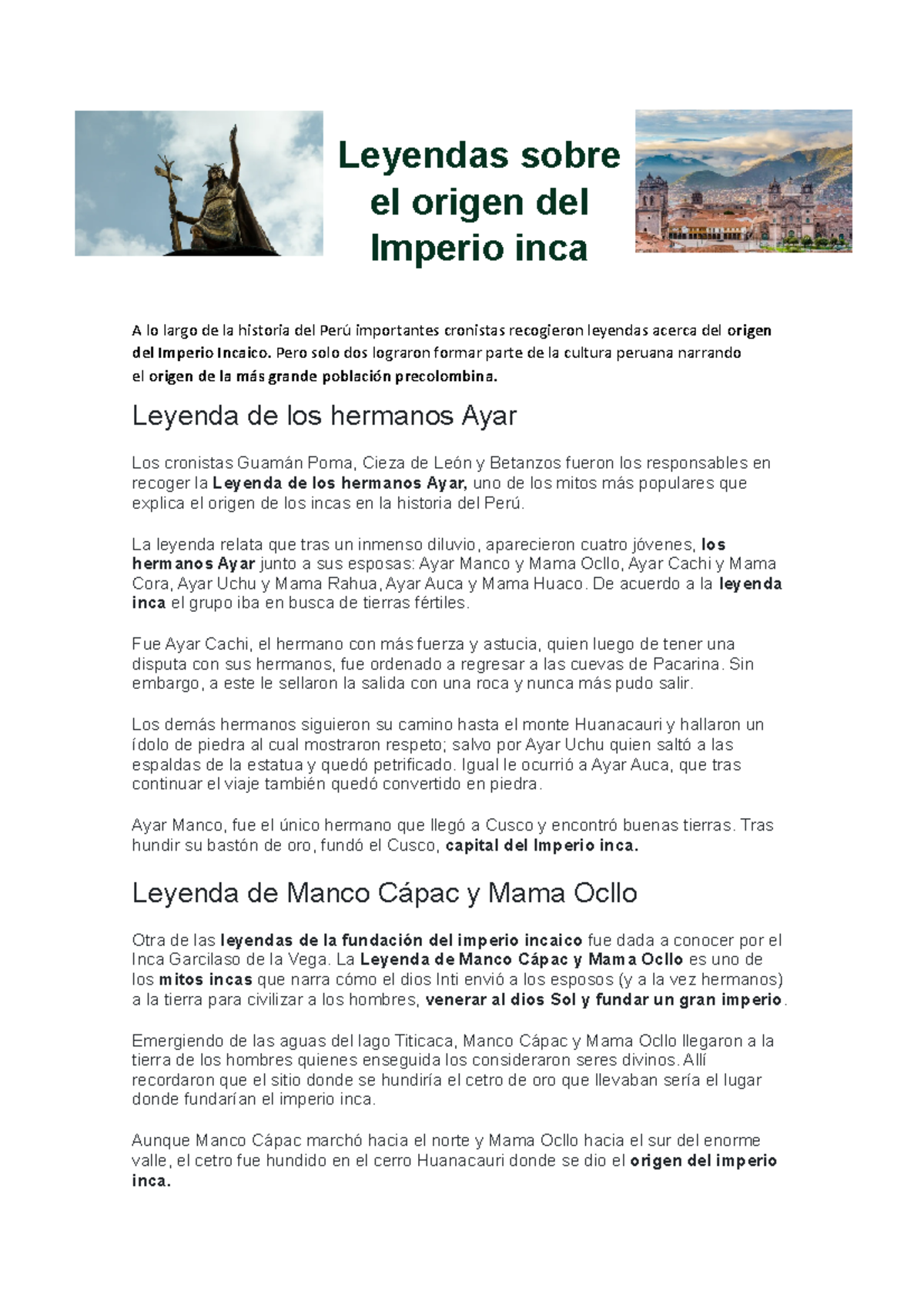 Leyenda del origen de los incas - Leyendas sobre el origen del Imperio ...