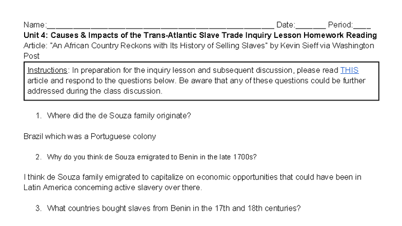 Unit 4: Impacts of the Transatlantic Slave Trade Inquiry Lesson HW ...