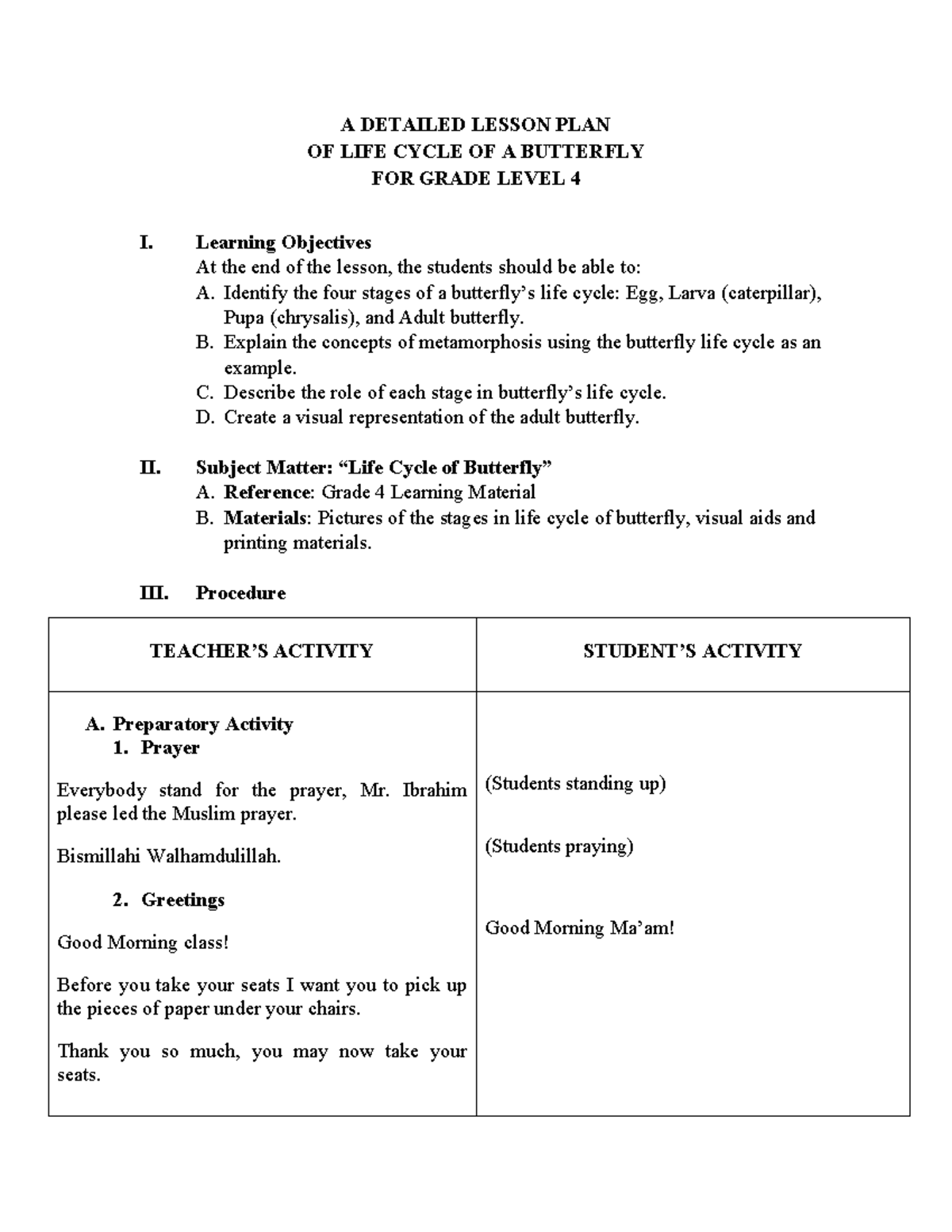 Grade 4 Detailed Lesson Plan: Butterfly Life Cycle Overview - Studocu