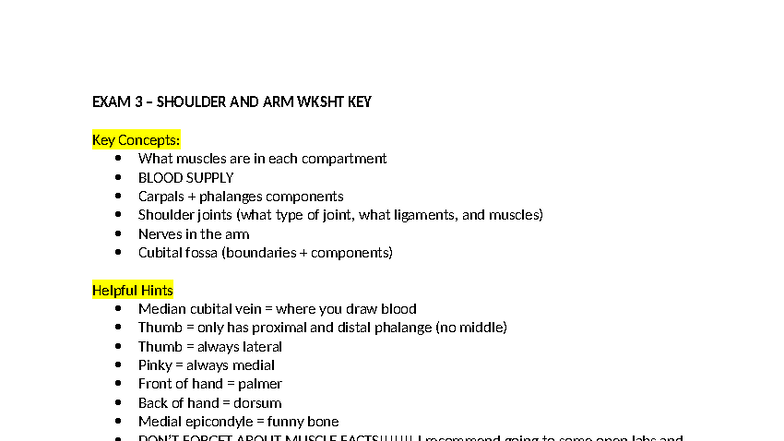 Exam 3 Shoulder and Arm Worksheet Key: Key Concepts and Tips - Studocu