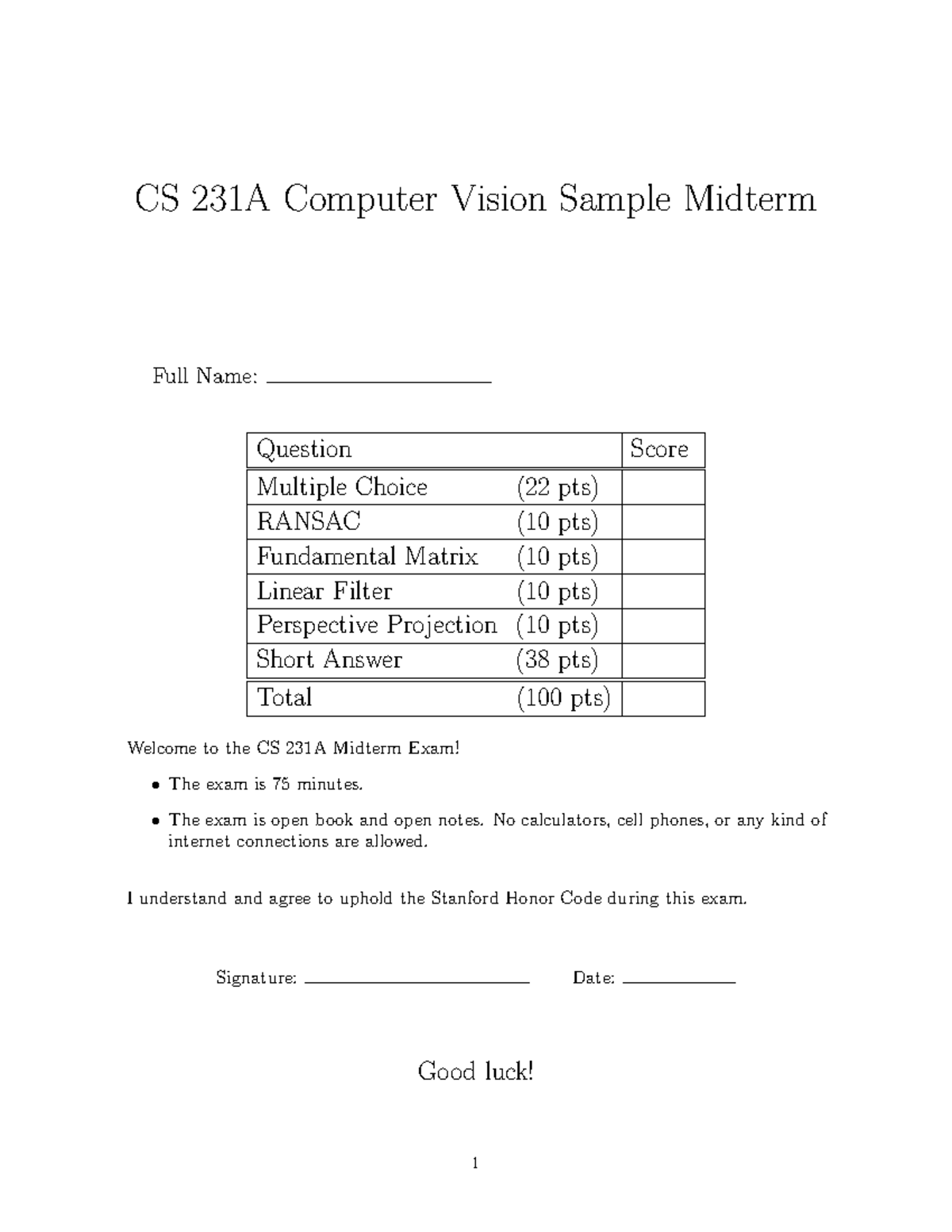 CS 231A Computer Vision Sample Midterm Exam Guide - Studocu