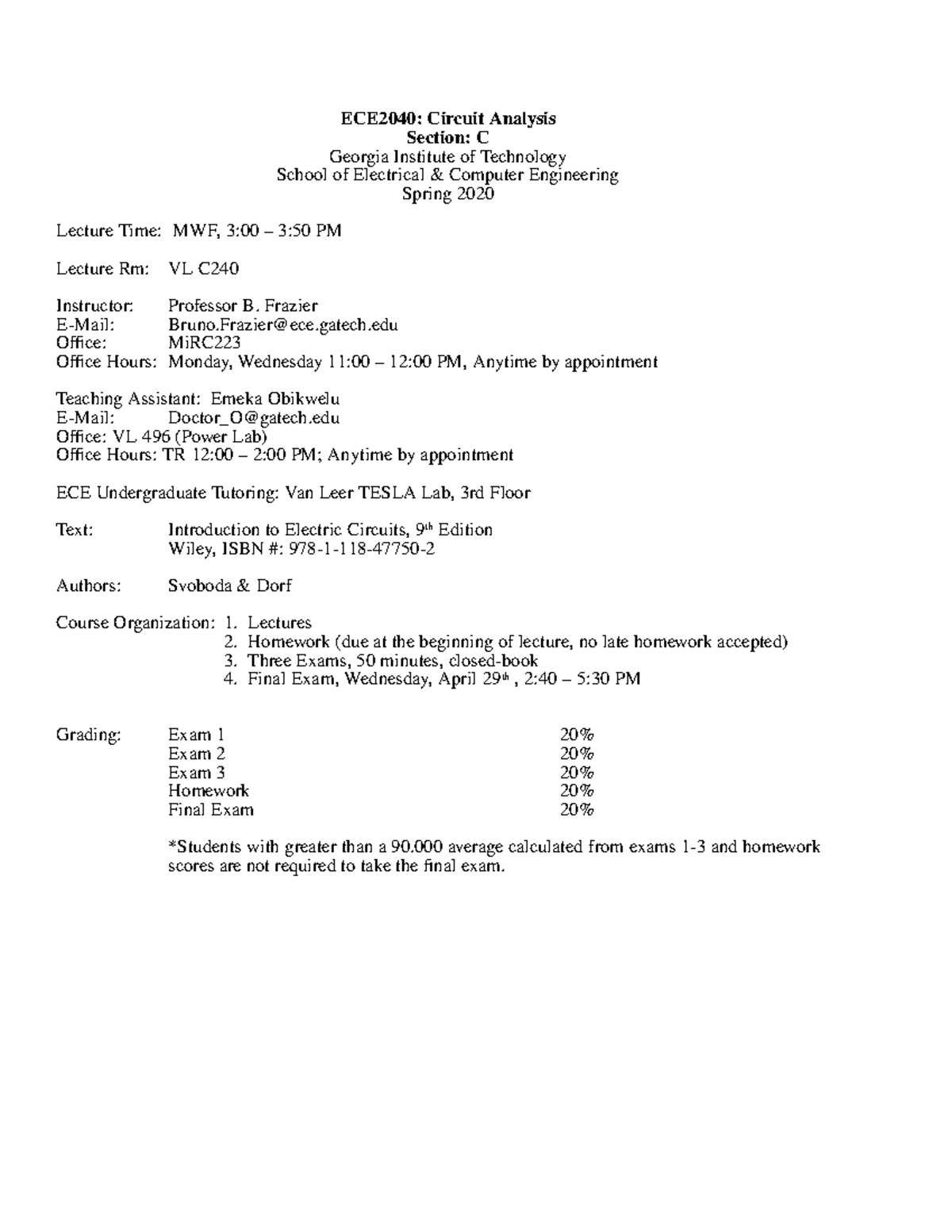 ECE2040 Circuit Analysis Syllabus - Spring 2020 Comprehensive Guide ...