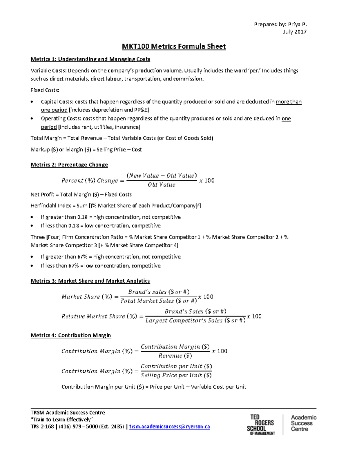 MKT100 Metrics Formula Sheet: Cost, Profit and Market Analysis - Studocu