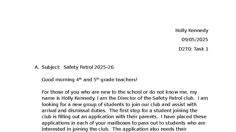 Holly Kennedy D270: Safety Patrol Club Application Instructions - Studocu