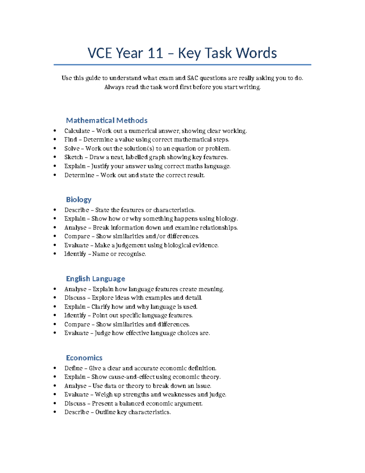 VCE Year 11 Key Task Words Guide for Exams and SACs - Studocu