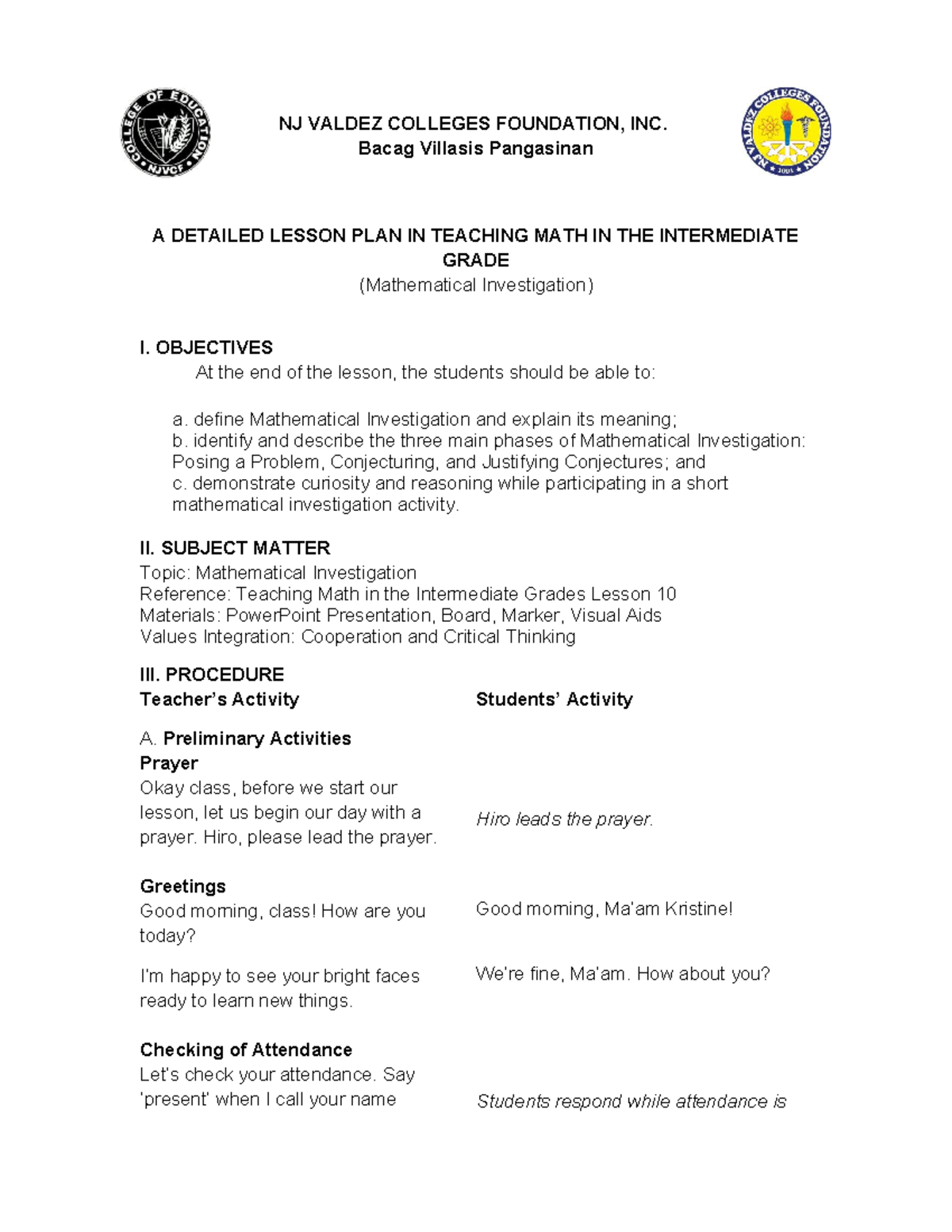 BEED IV Lesson 10: Detailed Lesson Plan on Mathematical Investigation ...