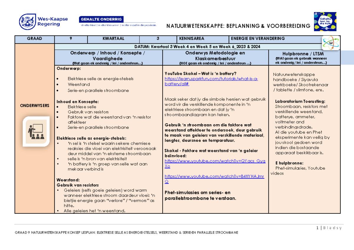 GRAAD 9 NATUURWETENSKAPPE LESPLAN: ELEKTRIESE SELLE EN PARALLELE ...